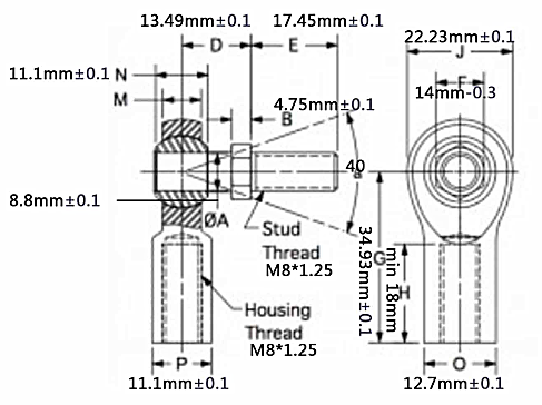 M8 1.25RH Female Studded Stainless Steel Ball Joint