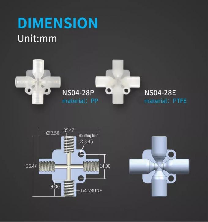 PP PTFE Four Way Tube Connector Plastic Female Connection